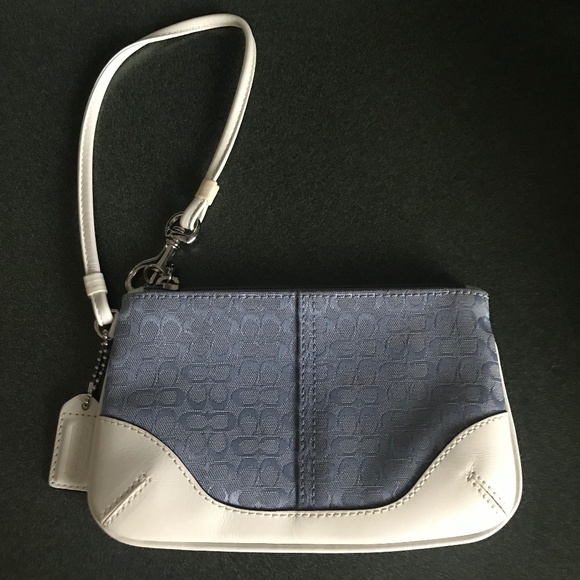 Coach | Bags | Coach Bluewhite Canvas Leather Wristlet Mini Pouch ...